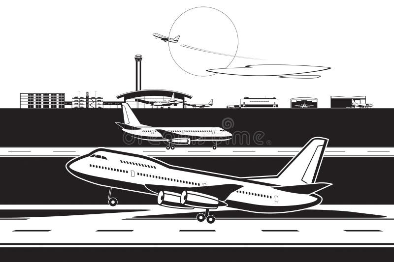 Passenger Airplanes Taking Off and Landing in Airport Stock Vector ...
