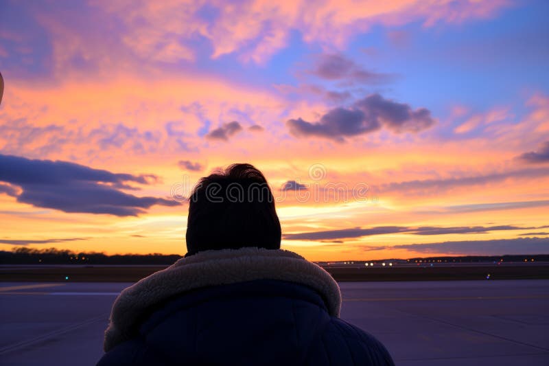 Passenger with Back To Camera, Observes Sunset Colored Sky and Runway ...