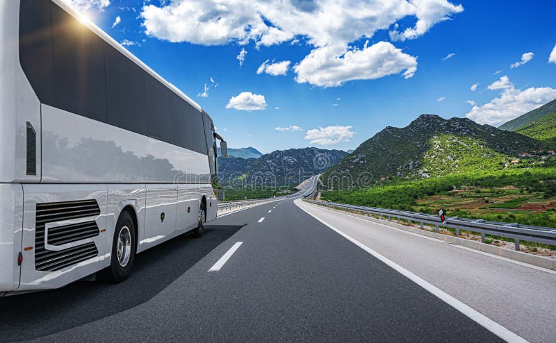 Passenger Bus on the Highway Against the Backdrop of a Beautiful ...