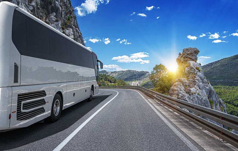Passenger Bus on the Highway Against the Backdrop of a Beautiful ...