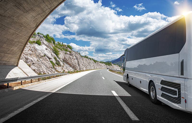 Passenger Bus on the Highway Against the Backdrop of a Beautiful ...