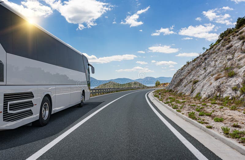 Passenger Bus on the Highway Against the Backdrop of a Beautiful ...