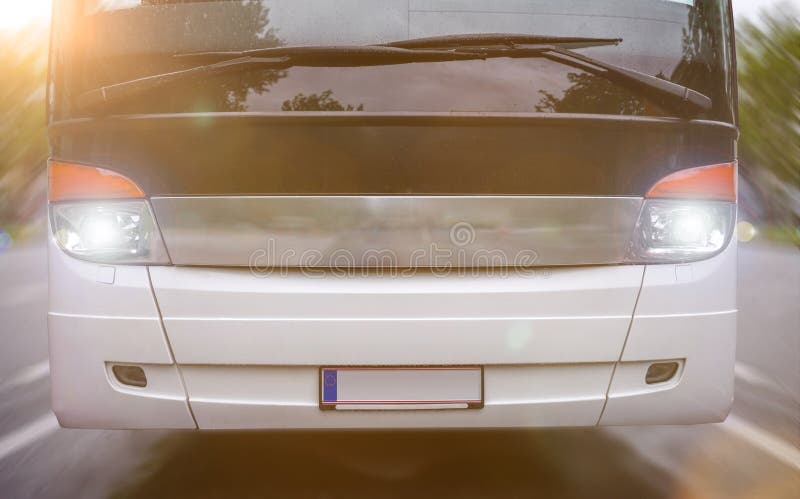 Passenger Bus Speeding on a Highway with Flashing a Turn Signal Stock ...