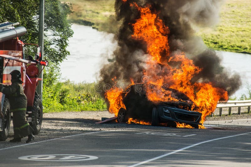Passenger car in a fire editorial photo. Image of isolated - 104892546