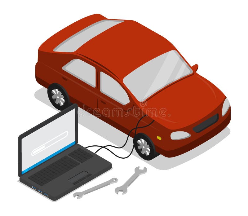 Passenger Car Undergoing Computer Diagnostics at Car Service High Angle ...
