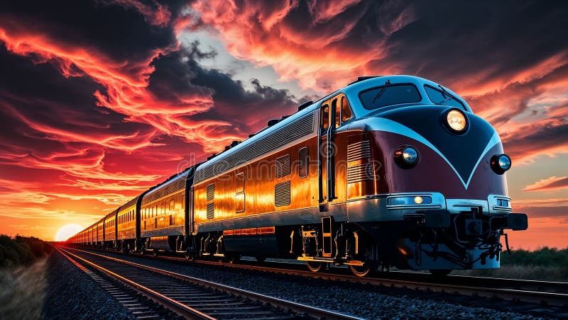 Passenger Express Train Traveling on Railway at Sunset with Dramatic ...