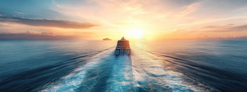 Passenger Ferry Navigating the Ocean at Sunset with Distant Islands ...