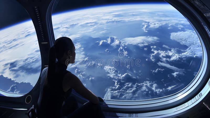 A Passenger Gazes at Earth from a Spaceplane Window during a Suborbital ...