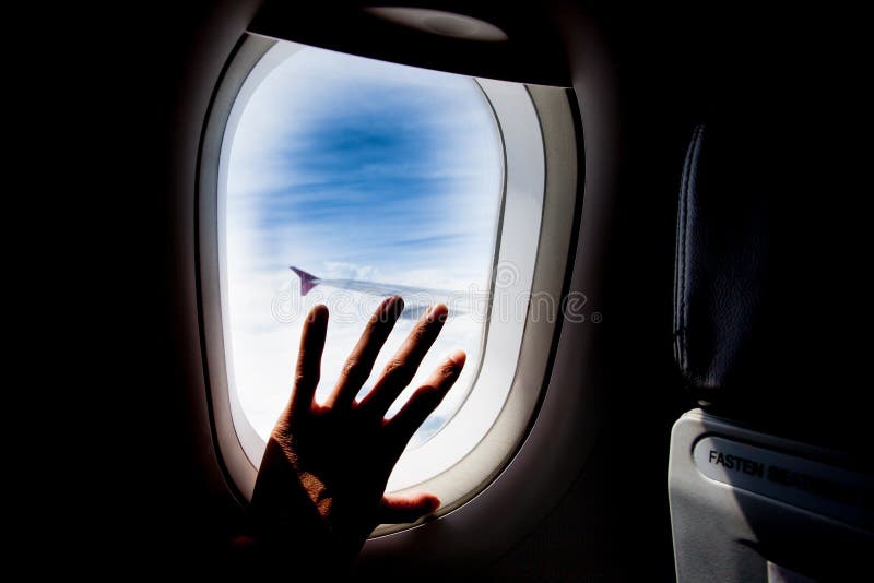 Passenger Hand Touch Window of Airplane Stock Photo - Image of abstract ...