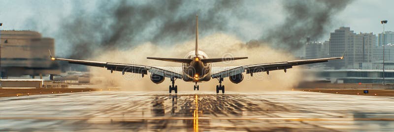 Passenger Jet Airplane Taking Off from Runway during Stormy, Dramatic ...