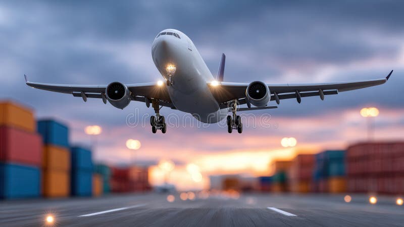 Passenger Jet Approaching Runway, Wing Passing Cargo Containers Freight ...