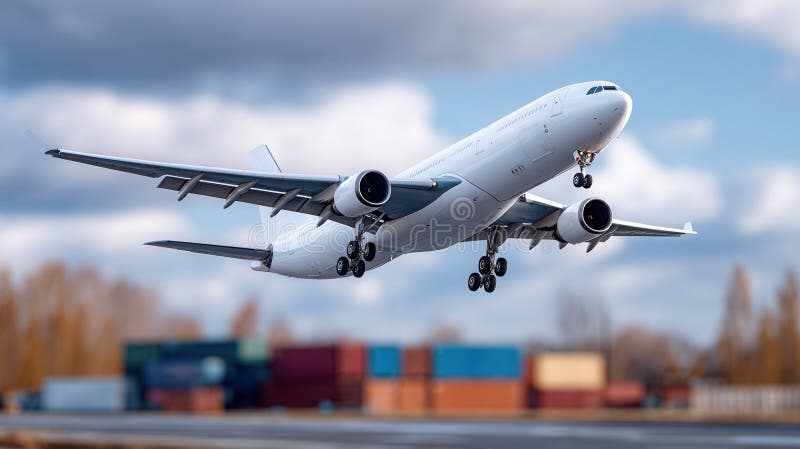 Passenger Jet Approaching Runway, Wing Passing Cargo Containers ...