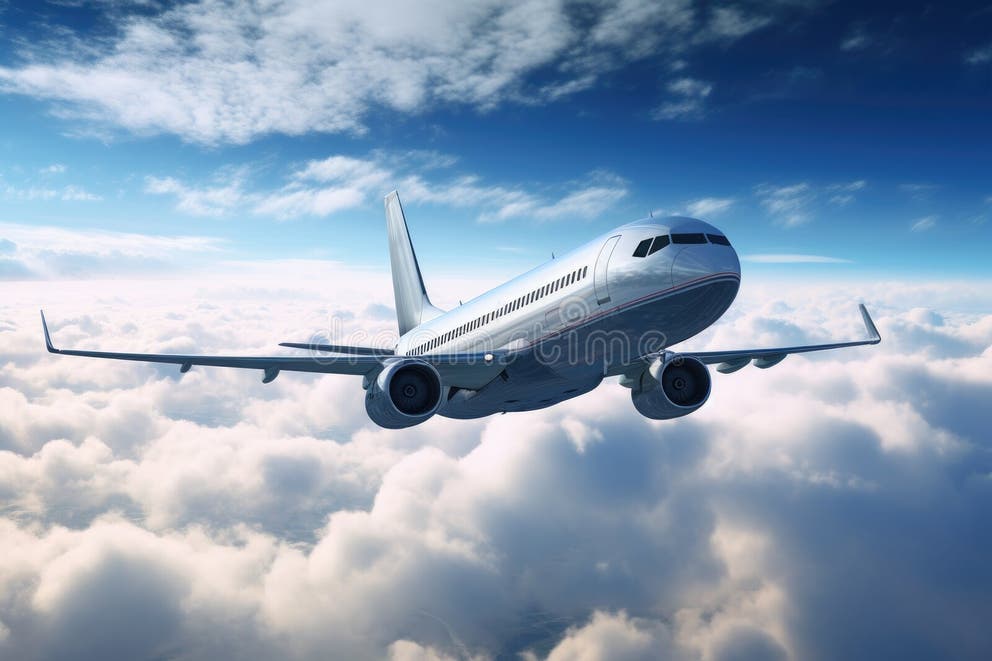 A Passenger Jet Flying through a Clear Blue Sky with White Fluffy ...