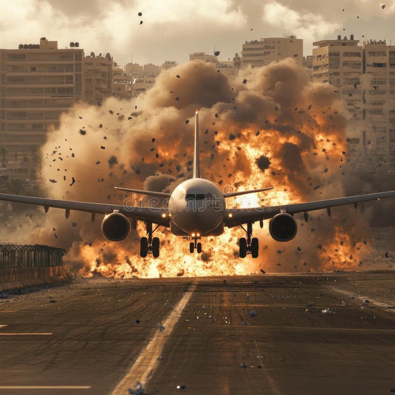 Passenger Jet Taking Off Amid Dramatic Explosive Backdrop in Urban ...