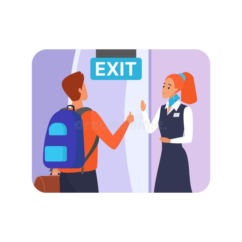 Passenger with Luggage Walking To Exit of Plane, Say Goodbye To Flight ...