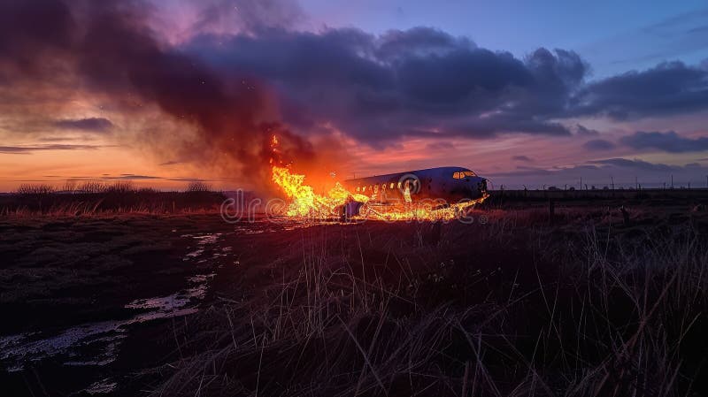 A Passenger Plane Crashed and Caught Fire in a Field Stock Photo ...