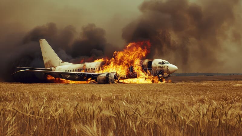 A Passenger Plane Crashed and Caught Fire in a Field Stock Photo ...