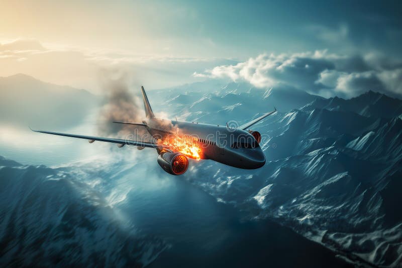 Passenger Plane Crashes with Burning Exploding Engine in the Sky Stock ...