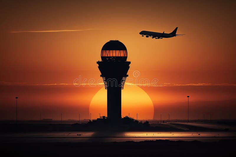 Passenger Plane Flies Behind the Airport Control Tower at Dusk. AI ...