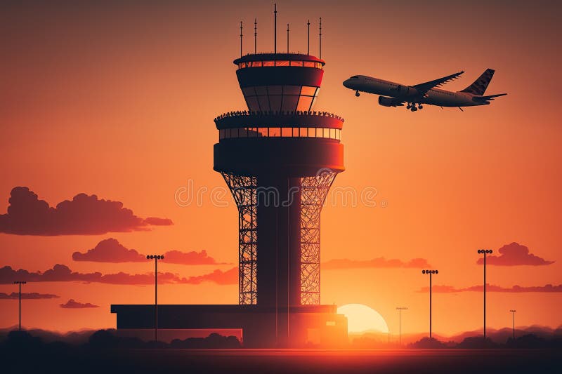 Passenger Plane Flies Behind the Airport Control Tower at Dusk. AI ...