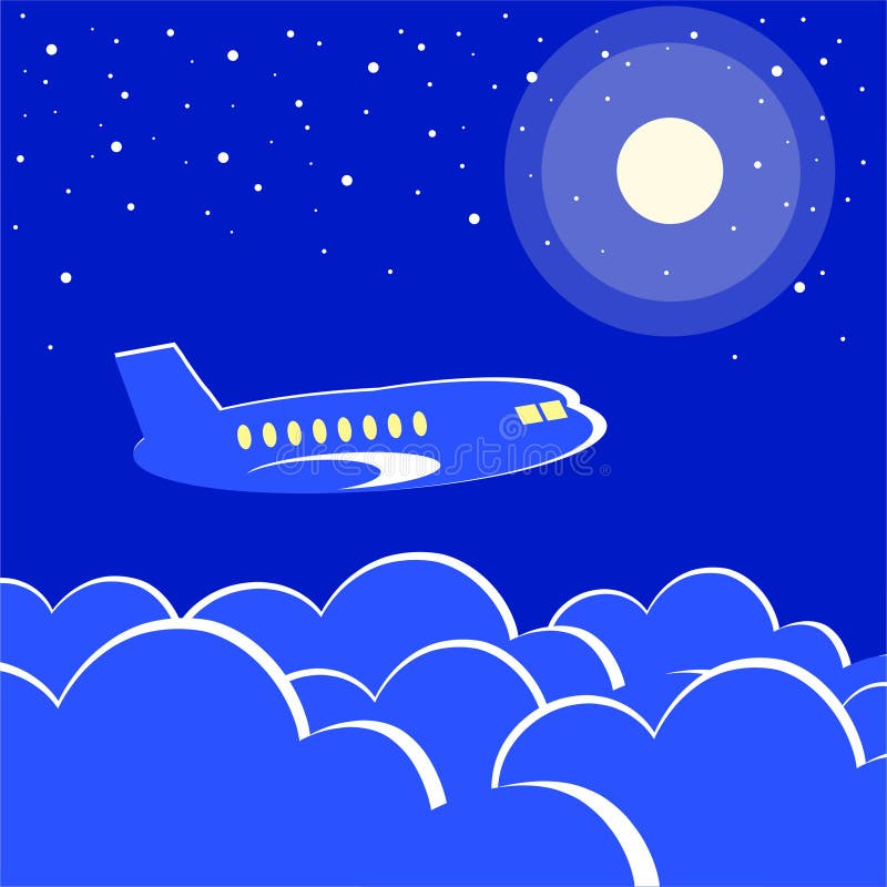 A Passenger Plane is Flying Under the Moon. Stock Vector - Illustration ...