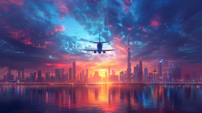 A Passenger Plane Flies Over a Modern City with Skyscrapers Stock Photo ...