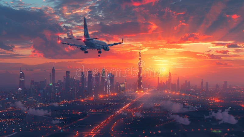 A Passenger Plane Flies Over a Modern City with Skyscrapers Stock Image ...