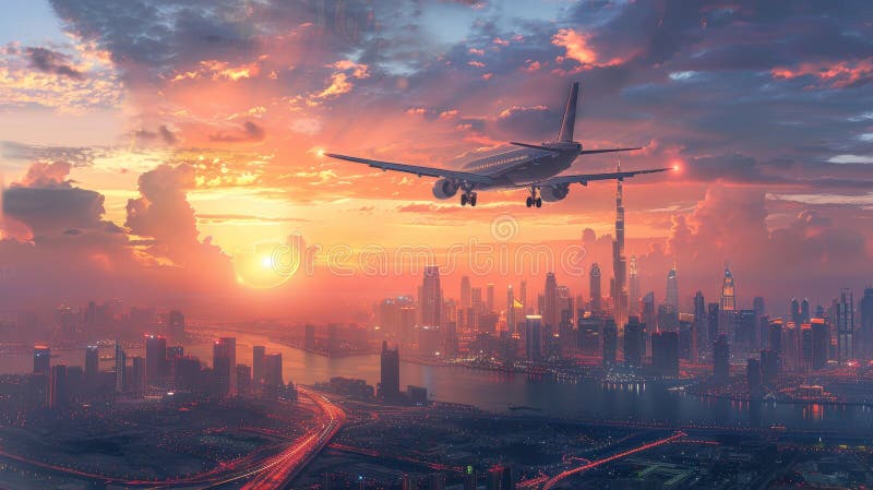 A Passenger Plane Flies Over a Modern City with Skyscrapers Stock Image ...