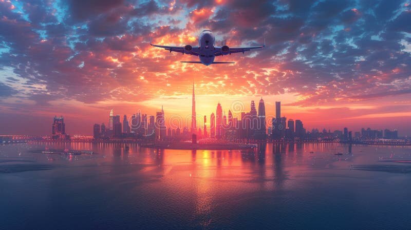 A Passenger Plane Flies Over a Modern City with Skyscrapers Stock Photo ...