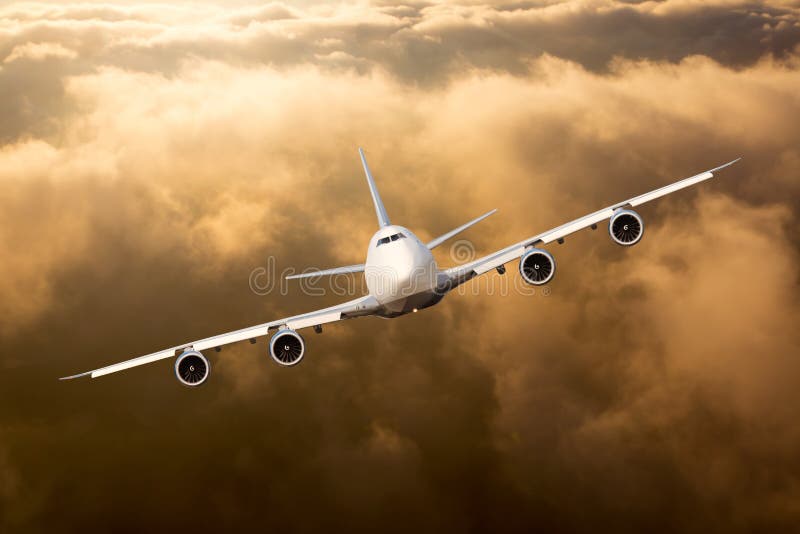 Passenger Plane in Flight. Front View. Left Heeling. Sunset Time Stock ...