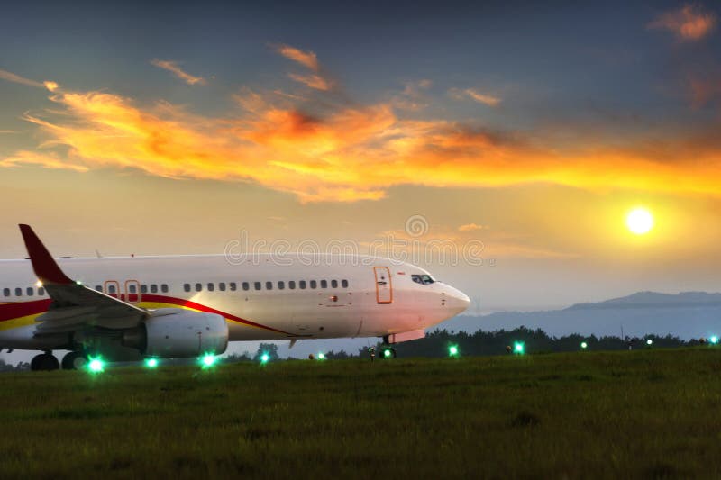 Passenger Plane Fly Down Over Take-off Runway from Airport Stock Photo ...