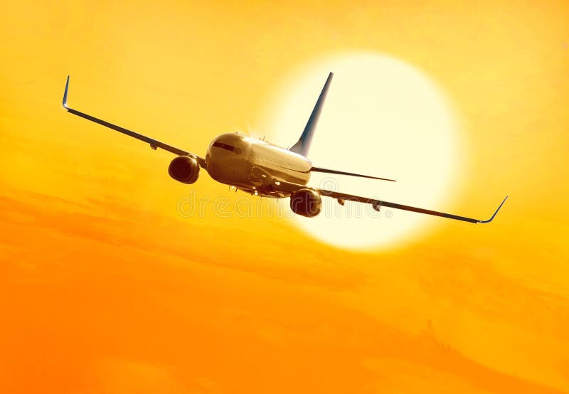 Passenger Plane Fly Over Clouds Stock Photo - Image of aviation, sunset ...