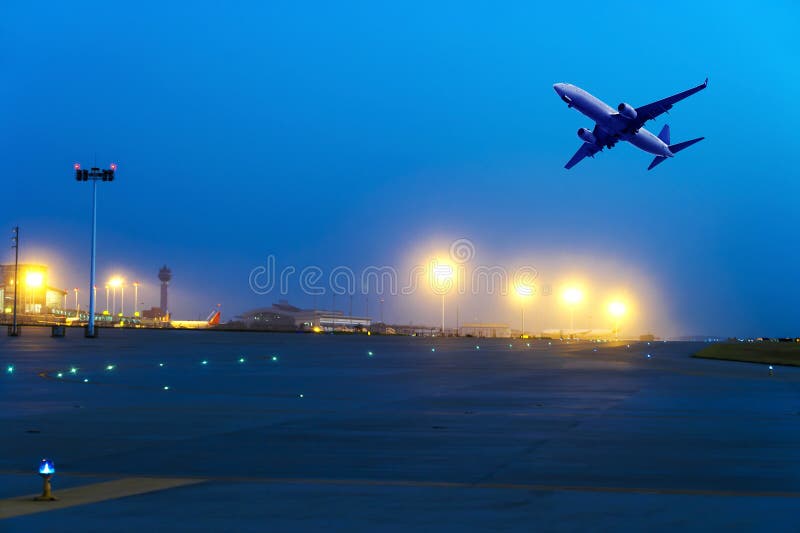 Passenger Plane Fly Up Over Take-off Runway from Airport Stock Photo ...