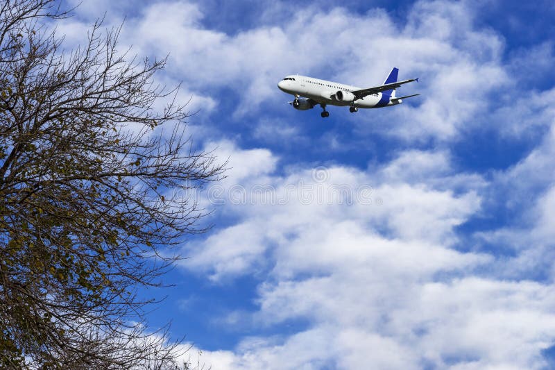A Passenger Plane is Flying in a Beautiful Blue Sky with White Clouds ...