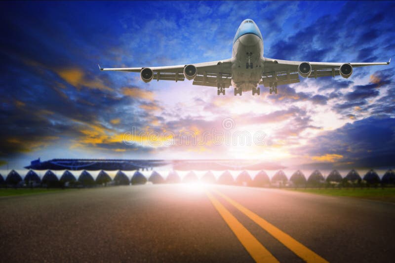 Passenger Plane Flying Over Airport Runway ,traveling Theme Stock Image ...