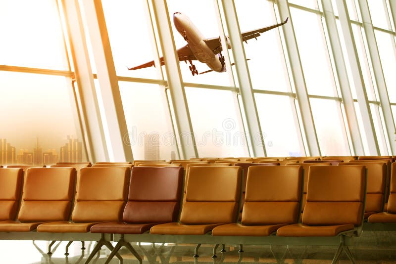 Passenger Plane Flying Over Airport Terminal Building Stock Photo ...