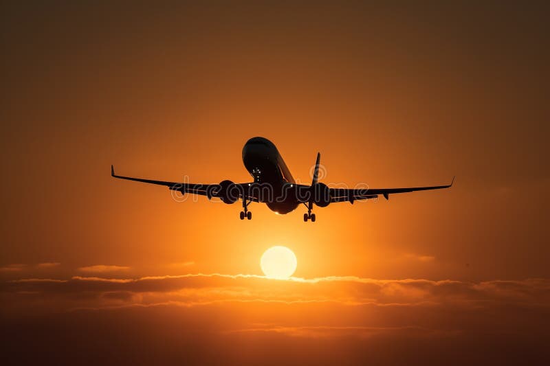 A Passenger Plane Flying into the Sunset with the Big Sun Stock ...