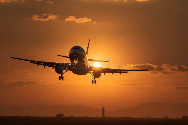 A Passenger Plane Flying into the Sunset with the Big Sun Stock ...