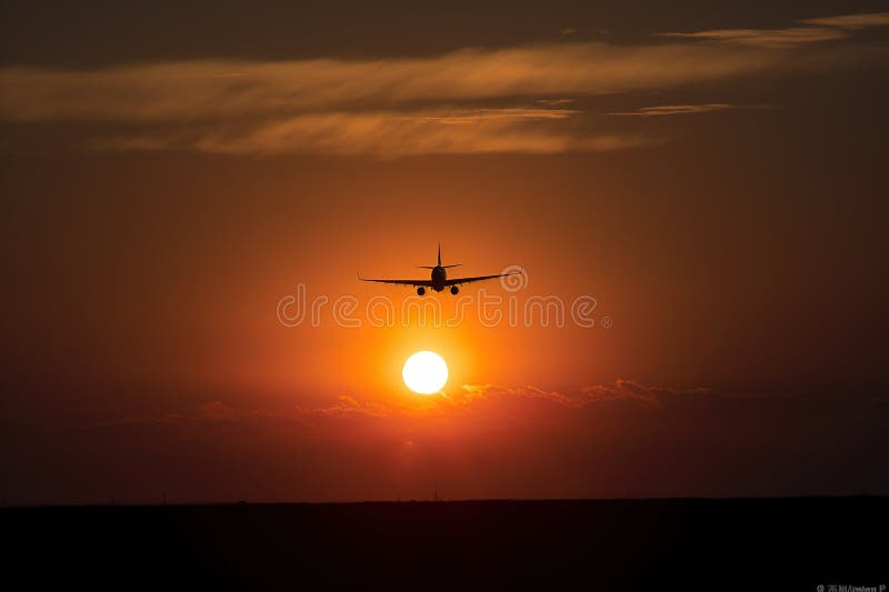 A Passenger Plane Flying into the Sunset with the Big Sun Stock ...