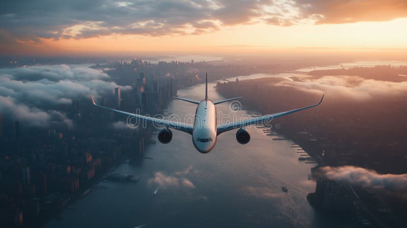 A Passenger Plane Glides Gracefully through the Clouds As the Sun Sets ...