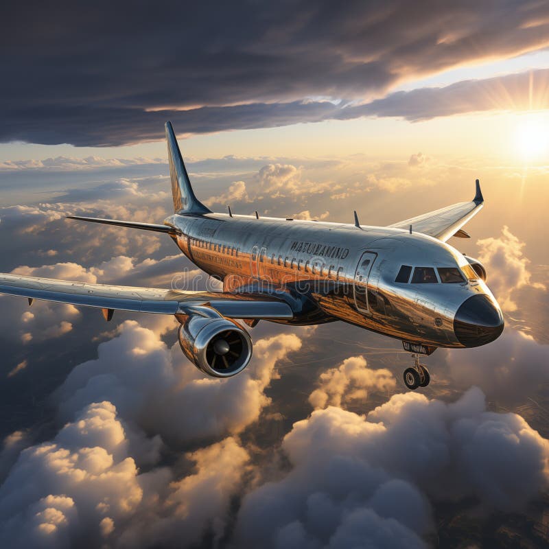 Passenger Plane Gracefully Glides Above the Clouds at Sunset, Creating ...