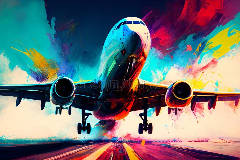 Passenger Plane Lands at Airport, Colorfully Drawn Image, Art Stock ...