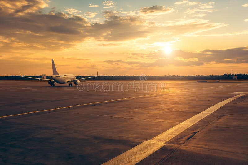 Passenger Plane, Plane Lands on the Airport Runway in Beautiful Sunset ...