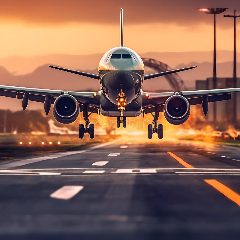 A Passenger Plane Lands on the Runway Stock Illustration - Illustration ...