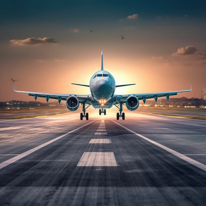 A Passenger Plane Lands on the Runway Stock Illustration - Illustration ...