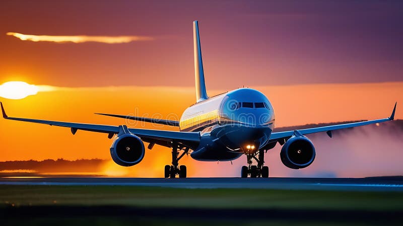 A Passenger Plane Picks Up Speed before Takeoff at Dawn Stock ...