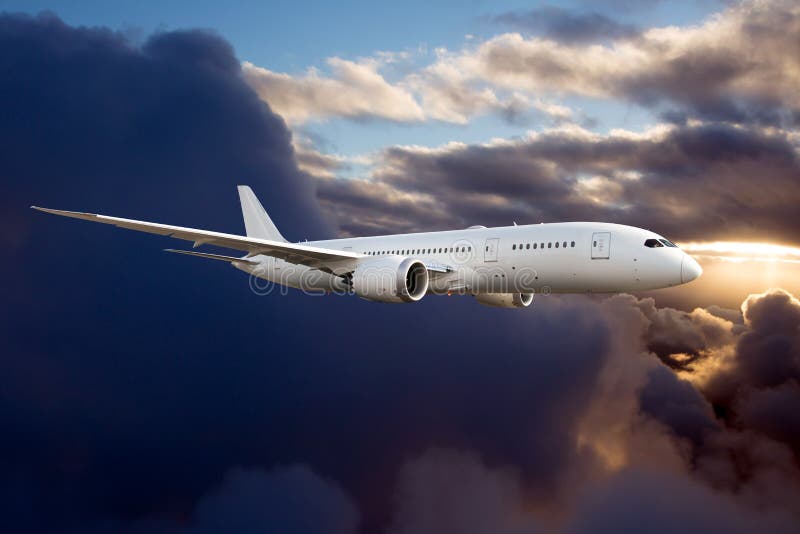 Passenger Plane Flying High Above the Storm Clouds. Side View Stock ...