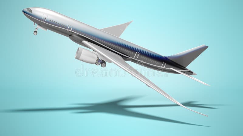 Passenger Plane Takes Off Side View 3d Render on Blue Background with ...