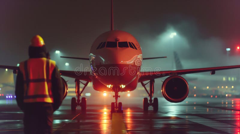 A Passenger Plane Waits at the Terminal Runway while a Worker Guides it ...