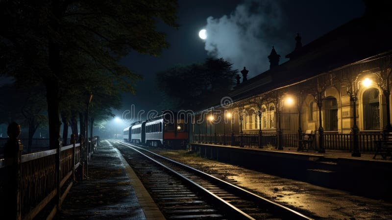 Passenger Platform at Night on the Railway Station. Train Station at ...